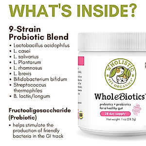 Wholistic Pet Organics WholeBiotics Supplement: Organic Dog Probiotic Powder - Cat Probiotic with Digestive Enzymes - Dog Probiotics for Diarrhea, Gas, Constipation, Upset Stomach, Allergies - 1 Oz