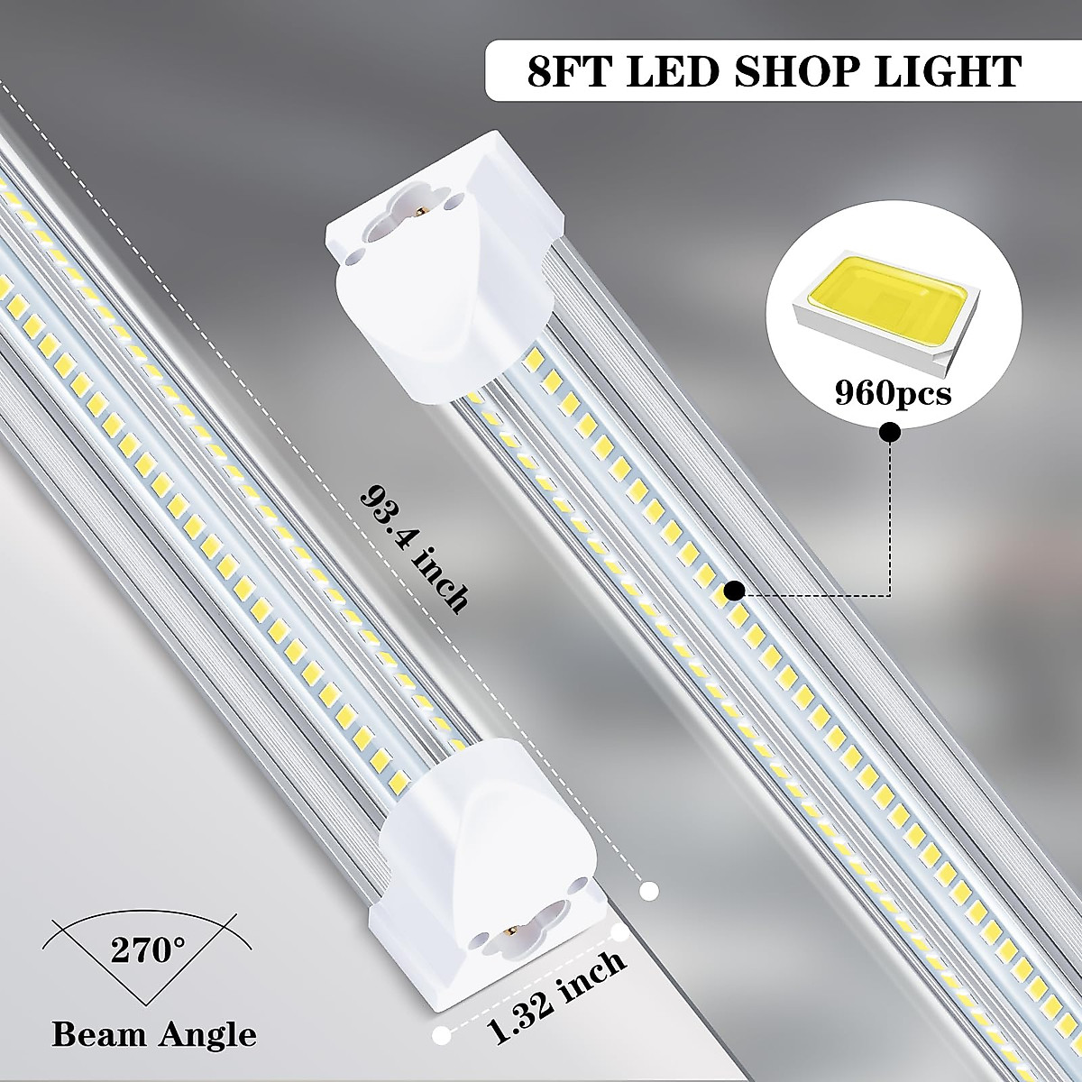 Gugsey 8Ft LED Shop Light Fixture - 100W 15500LM T8 Shop Lights for Garage, 6000K 8 Foot Daylight V Shape Linkable Garage Lights, High Output Clear Cover Plug and Play (10 Pack)
