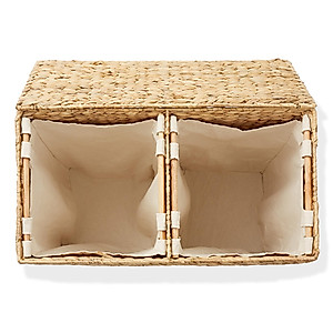 Casafield 2-Section Laundry Hamper with Removable Liner Bags - Natural, Woven Water Hyacinth Double Laundry Basket Sorter for Clothes and Towels