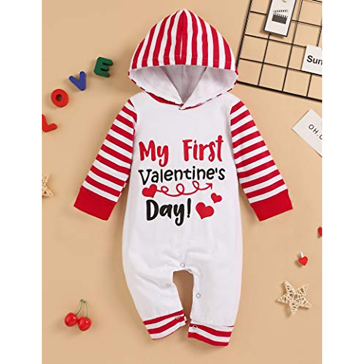 My First Valentine’s Day Newborn Baby Boy Girl Romper Hoodie Jumpsuit One Piece Outfit Set Newborn White