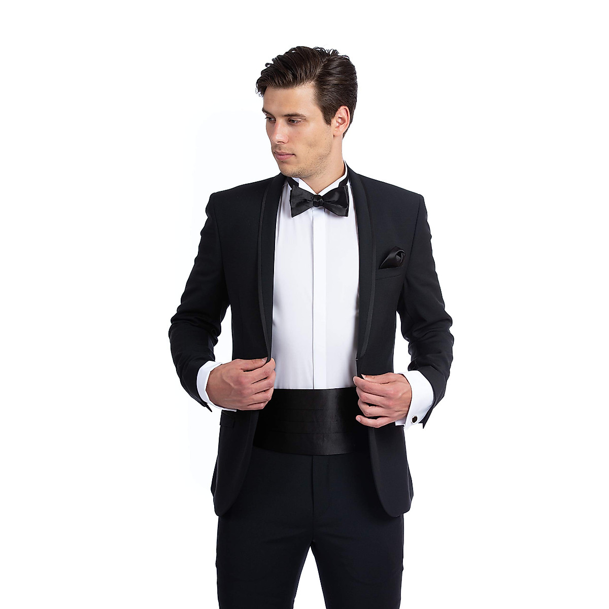 NV Holders: Men's Premium 100% Silk Cummerbund, Bow Tie, Handkerchief - Black Tuxedo set (Black)