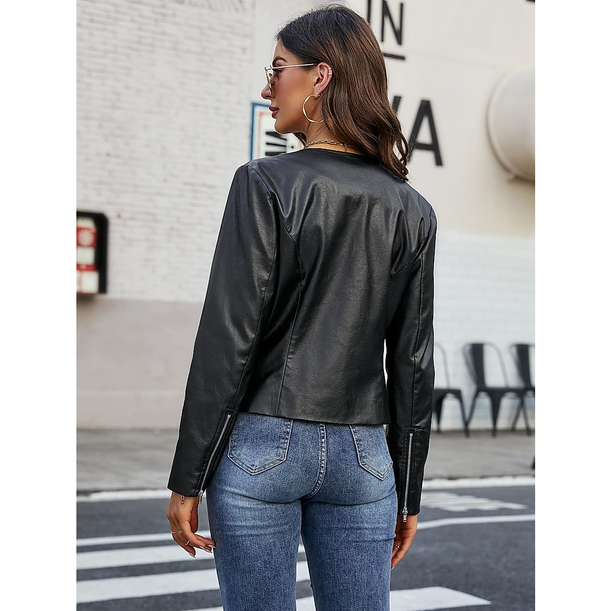 MakeMeChic Women's PU Leather Zip Up Crop Jacket Long Sleeve Moto Biker Coat Short Outerwear Black S