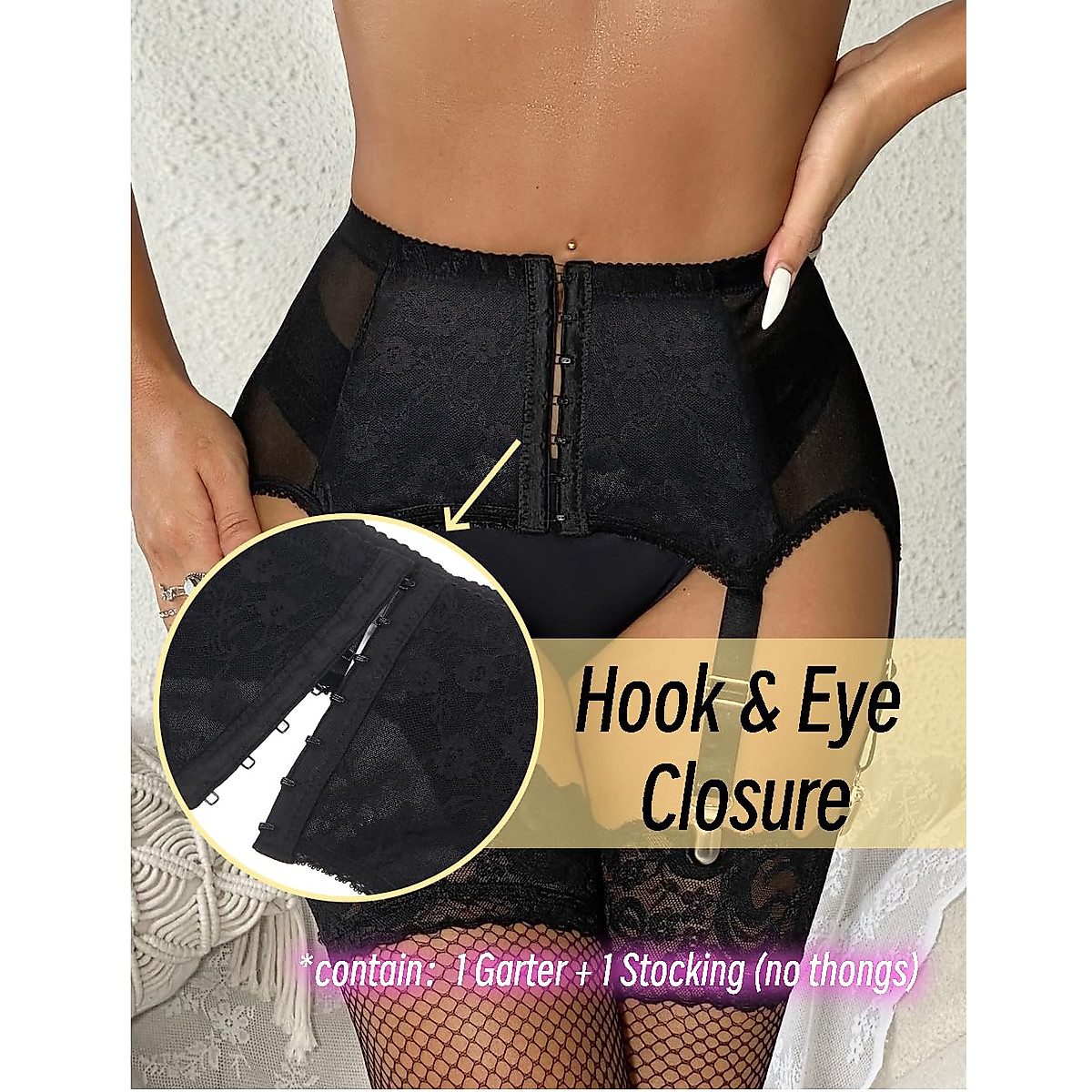 comeondear Thigh High Stockings with Garter Belt Set Plus Size Lace Garter Belt Lingerie for Women 6 Strap Suspender Belt