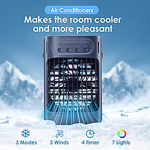 TAKSHO Portable Air Conditioner 3 Cold Wind Speeds-3 Mist Levels, 7 Color-Changing LED Lights - 10W & 32 oz Water Tank, USB-Powered Evaporative Air Cooler Unit with 2-8 Hour Timer, Portable air cooler