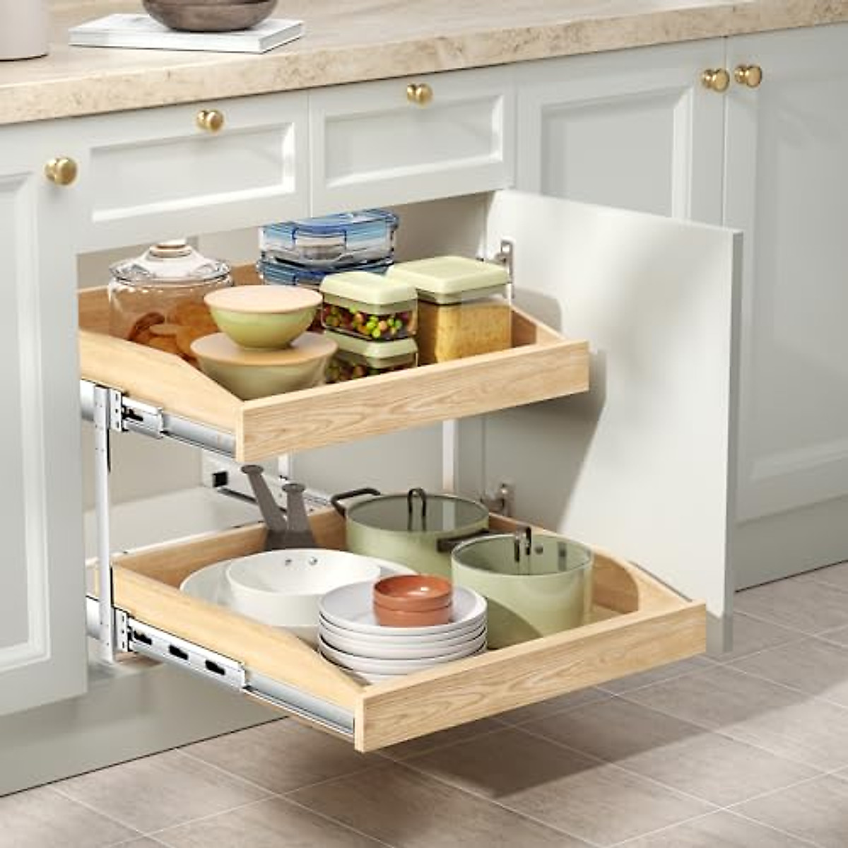 LOVMOR 2 Tier Pull Slide out Cabinet Organizer 19½"W x 21" D,Cabinet Drawer Organizer with U Bracket,Slide out Pantry Shelves with Full Extension Rail Slide, Pull out Drawer for Kitchen Cabinet