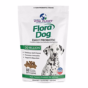Vital Planet - Flora Dog Probiotics, Dog Chews Supplement with 20 Billion Cultures and 11 Strains, Immune and Digestive Support Chewable Probiotics for Dogs, 30 Natural Bacon Flavored Soft Chews
