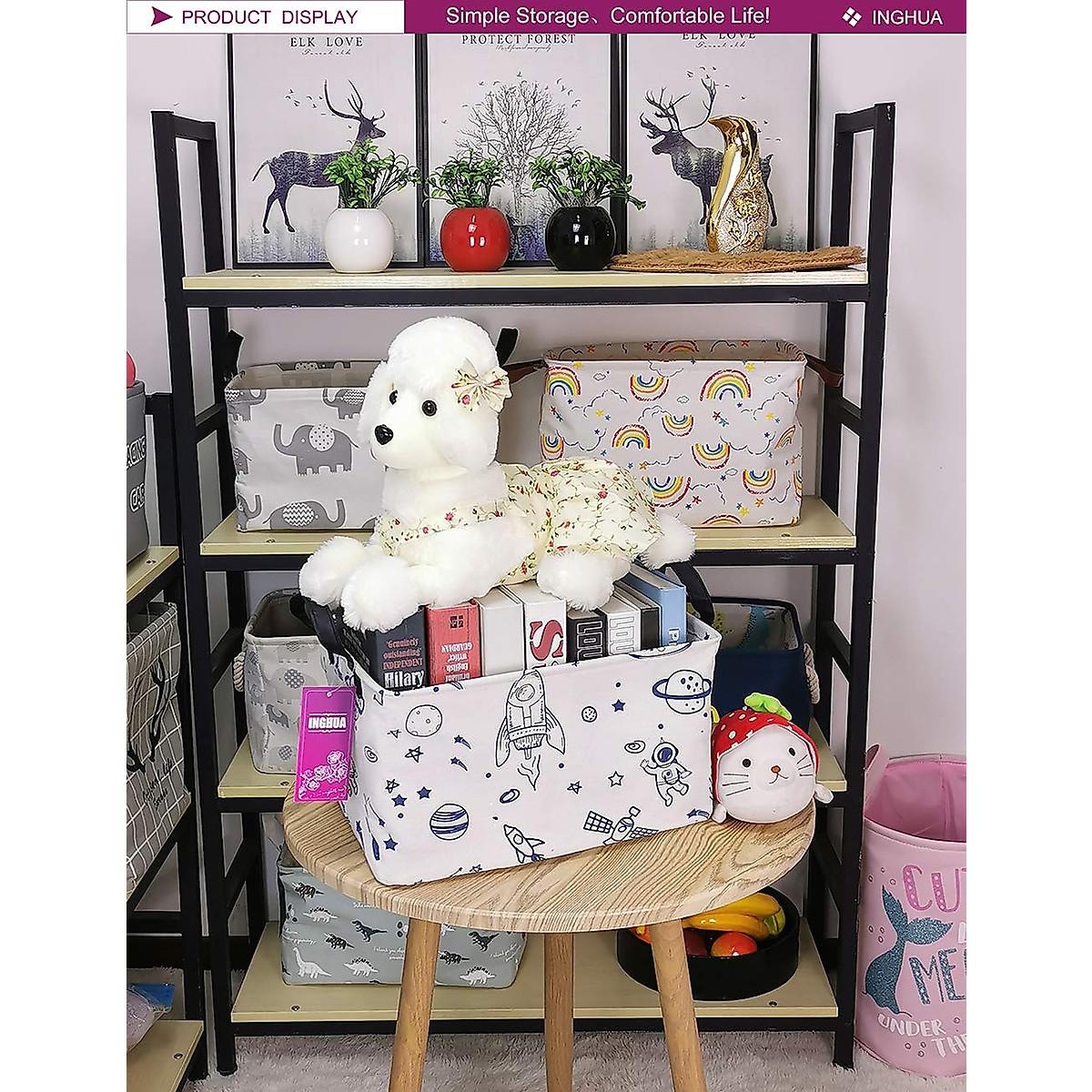 INGHUA Rectangular Storage Basket Fabric Organizer Bin for Toys,Books,Clothes,Gifts,Pets-Perfect for Home,Office,Nursery,Dorm,Shelf(Rec Spaceships)