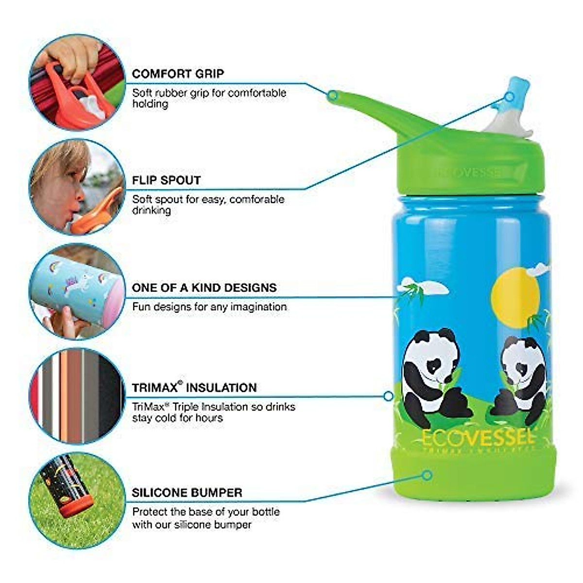 EcoVessel Insulated Water Bottle Kids Tumbler for 36 Hrs Cold Travel Drinking Cup â€“ Frost TriMax Stainless Steel, 12oz Sip Bottle for Children w/Carrying Handle & Flip Straw Lid