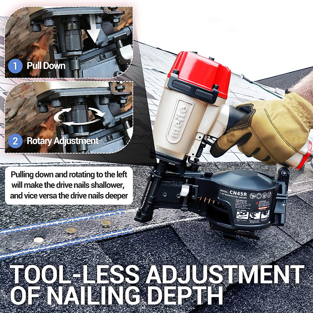 meite Roofing Nailer, Pneumatic Coil Roofing Nail Gun, Compatible with 15 Degree 7/8" to 1-3/4" Coil Roofing Nails, Lightweight Roofing Tools with Adjustable Nail Depth, Safety Switch (CN45R)