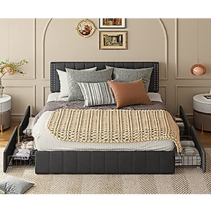 Gizoon Queen Bed Frame with 4 Storage Drawers, Upholstered Platform Bed with Headboard Adjustable, Fits 6” to 12” Mattress, No Box Spring Needed (Dark Grey)