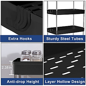 mupera Slim Storage Cart - Upgraded 5 Tier Rolling Utility Cart with Wheels Organizer for Kitchen Bathroom Laundry Narrow Places, Tower Rack Shelf Trolley Cart w/ 8 Side Hooks, Black