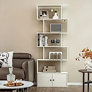 Giantex 6-Tier Geometric Bookcase with Cabinet, Freestanding Display Shelves with Anti-Tipping Device, Wood S-Shaped Bookshelf for Living Room, Bedroom, Study, White