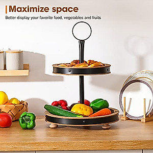 Urban Deco Wood Tiered Tray, 2-Tiered Tray Decorative Dessert Stand, Farmhouse 2 Tier Serving Tray with Metal Handle, Fruits Display Tray for Kitchen Counter, Living Room Table