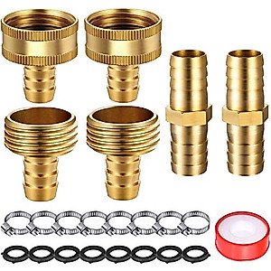 4 Sets 1/2 Inch Solid Brass Garden Hose Connector Hose Mender Water Hose Repair Kit Female Male Hose Coupling with Tape, Stainless Steel Clamp and 3/4 Inch Rubber Gasket