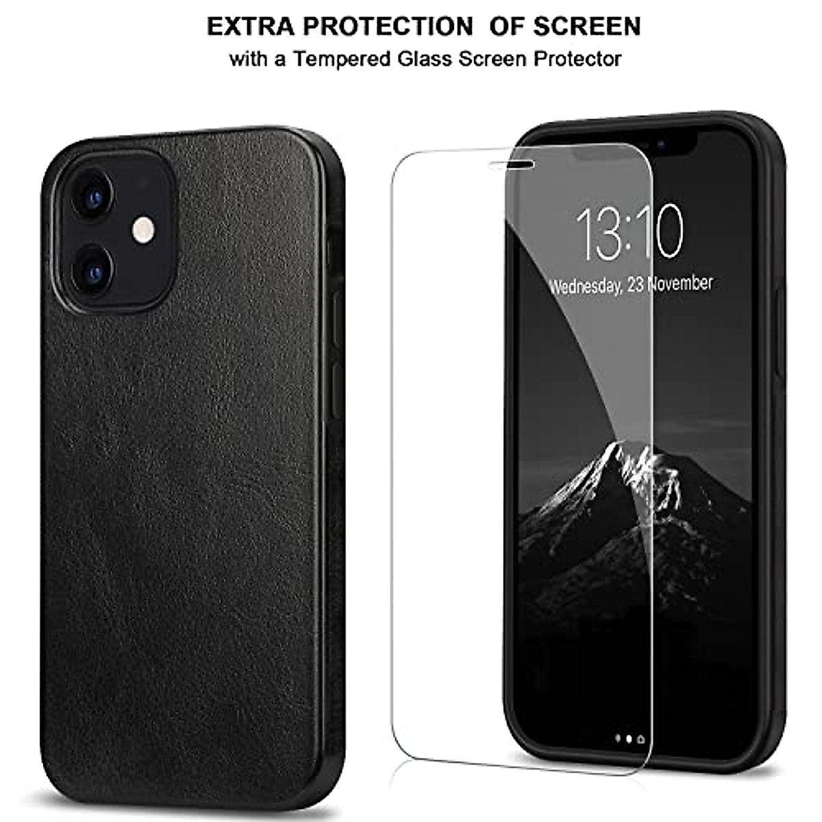 TENDLIN Compatible with iPhone 12 Case/iPhone 12 Pro Case Premium Leather TPU Hybrid Case (Black)