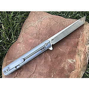 TACTICAL GEARZ Premium Titanium EDC Pocket Knife! Solid Tc4 Titanium Handle! D2 Steel Tanto Blade! Includes Sheath! (Seren Midnight Blue)