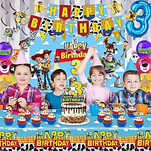 Toy Inspired Story Birthday Decorations For 3 Year Old,Include Happy Birthday Banner,Balloons,Backdrop,Tablecloth Cake Topper For 3rd Birthday Decorations for Boys.