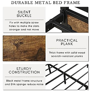 AnwickNomo Queen Size Metal Platform Bed Frame with Wooden Headboard and Footboard, Heavy Duty Rustic Country Style Mattress Foundation with Strong Slat Support, No Box Spring Needed, Noise-Free