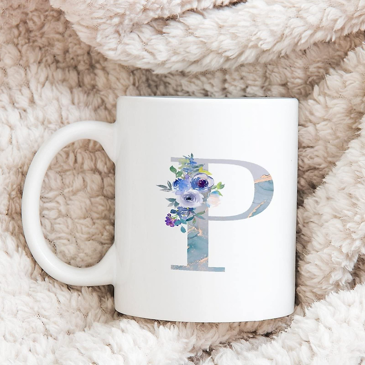 Monogram Letter P Coffee Mugs Marbling Letter Blue Flower Funny Coffee Mugs Alphabet Letters Porcelain Coffee Mugs Drinking Cups with Handle Friendship Gift For Mom Dad Grandma Grandpa Women Men 11oz