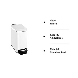 TrashAid Small Bathroom Trash Can with Lid Soft Close, 6 Liter / 1.6 Gallon Stainless Steel Garbage Can Narrow with Removable Inner Bucket, Step Pedal (White)