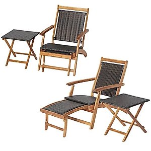 RELAX4LIFE Patio Lounge Chair Set - Outdoor Acacia Wood Chaise Lounge w/Side Table, Armrest & Retractable Ottoman, Rattan Seat, Tabletop, Quick Folding Sunbathing Chair for Backyard, Poolside (2)