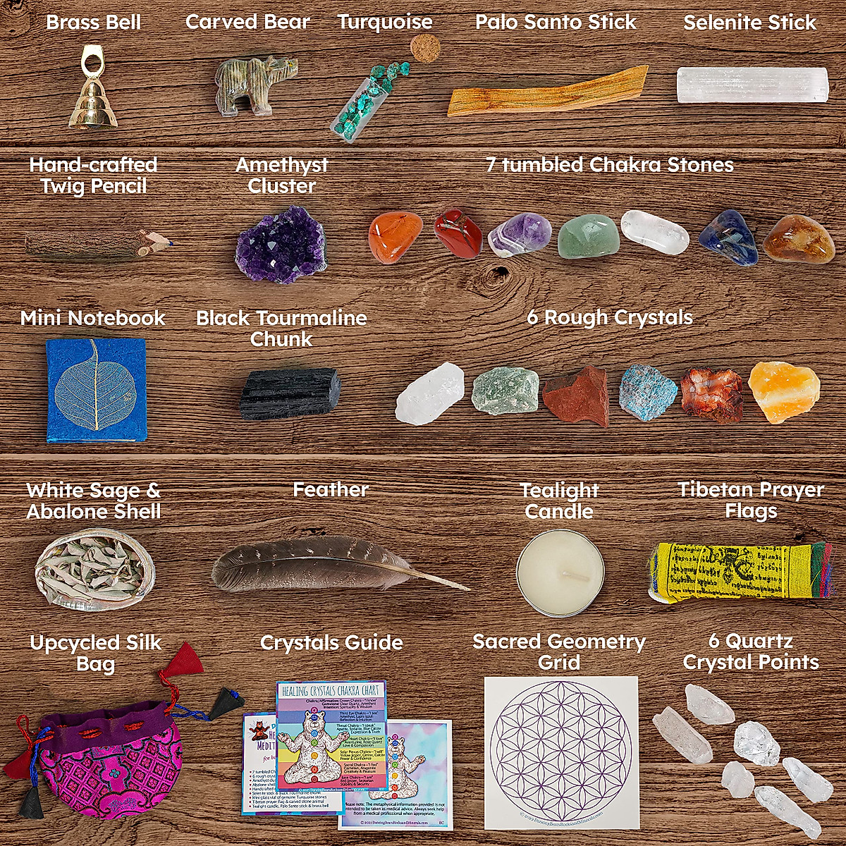 DANCING BEAR Deluxe Healing Crystals (35 Pc Set) Altar & Meditation Kit, Chakra Balance Stones, Abalone Shell & Sage, Smudge Feather, Real Turquoise, Spirit Animal, Bell, Prayer Flag, Made in USA