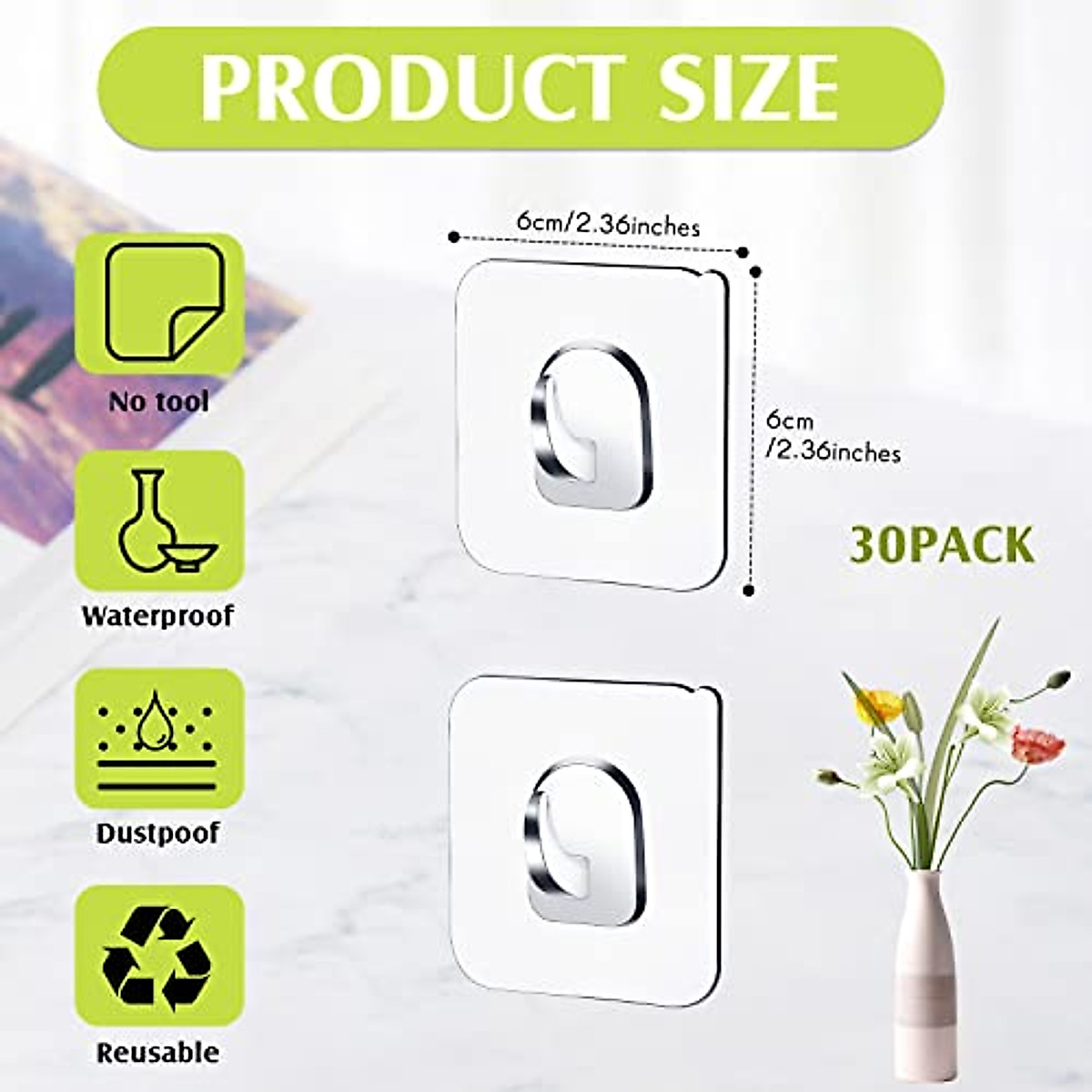 Yinkin 30 Pieces Clear Wall Hooks 15 lb (max) Adhesive Hooks for Hanging Plastic Sticky Hooks Heavy Duty Hook Transparent Drill Free Reusable for Hat Kitchen Bathroom Office, No Trace No Scratch