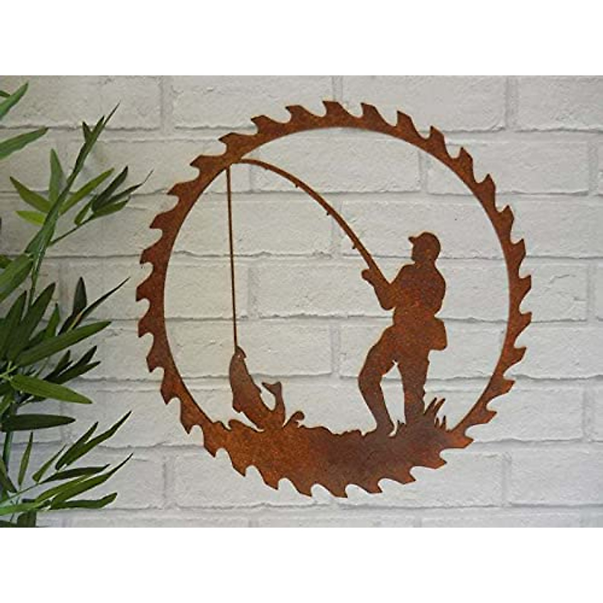 JINDENG Father's Day Unique Gift Metal Art Fishing Wall Decor, 3D Metal Wall Art Rusty Father and Son Daughter Fishing Round Hanging Decor Crafts - Home Garden Decoration (C)