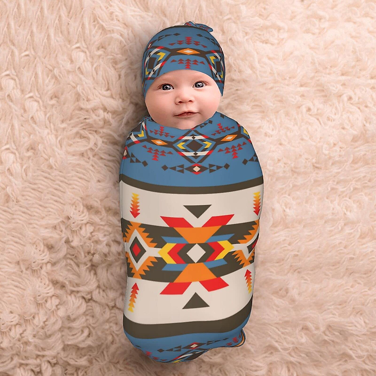 Western Baby Stuff Native American Aztec Navajo Newborn Baby Swaddle Blanket Soft Wrap Sleep Sack with Beanie Hat Gifts for Boy Girl