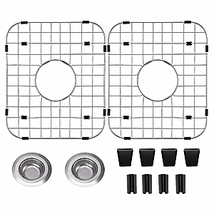 4 Pack Sink Protectors for Kitchen Sink with Center Drain Hole, 13.7"x11.6" Stainless Steel Kitchen Sink Bottom Grid 2pcs with 2pcs Sink Strainers (Silver)