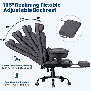 Executive Office Chair Big and Tall with Massage Lumbar Support 450lbs Reclining Office Chair with Footrest Heavy Duty Desk Chair High Back Ergonomic Fabric Chair for Heavy People Dark Gray