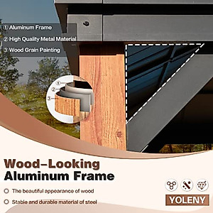 YOLENY 12' x 20' Ultra-thick Columns and Beams Hardtop Gazebo with Faux Wood Grain Aluminum Frame, Vertical Stripe Galvanized Steel Double Roof, Outdoor Patio Gazebo Pergolas with Netting and Curtains