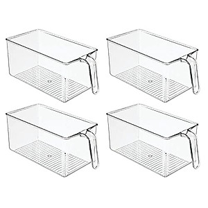 mDesign Plastic Kitchen Pantry Cabinet Refrigerator Storage Organizer Bin Holder with Front Handle - for Organizing Individual Packets, Snacks, Produce, Pasta - BPA Free - Medium, 4 Pack - Clear