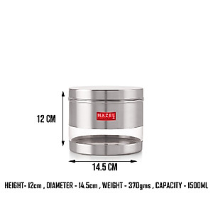 HAZEL Stainless Steel Containers Set For Kitchen Storage Transparent See Through Matt Finish Storage Dabba Jars, Set of 4, 1500 ML Each, Silver