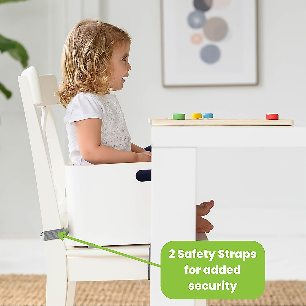 Little Partners® 3-in-1 Wooden Learning Booster Seat for Toddlers - Converts to Step Stool for Kids - Seat Cushion, Silicone Mat, and Booster Chair with Safety Straps - Feeding Chair (White)