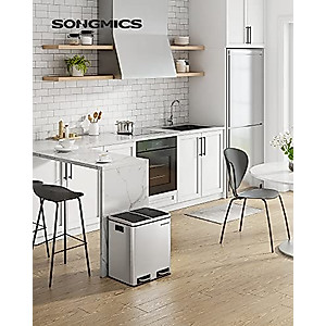 SONGMICS Dual Trash Can, 2 x 4 Gal (2 x 15L) Garbage Can, Steel Pedal Recycle Bin with Lid and Inner Buckets, for Small Kitchens, Fingerprint-Proof, Soft Closure, Airtight, Silver ULTB30H