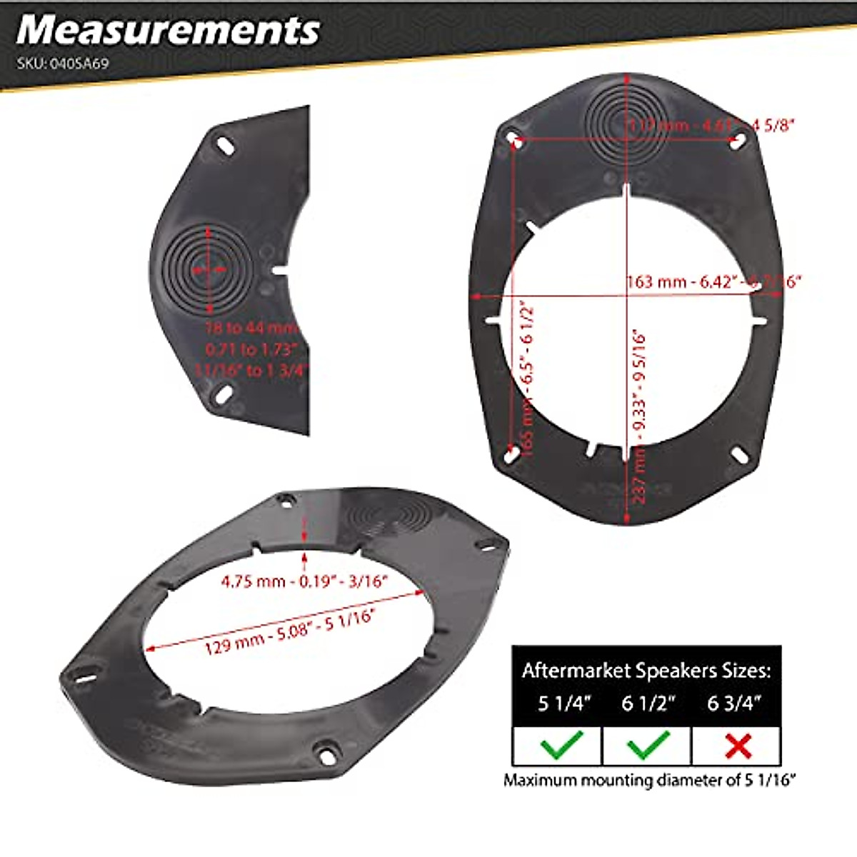 Scosche Compatible with Select Import and Domestic Vehicles Universal 6" x 9" to 5.25" - 6.5" Speaker Adapters (1 Pair) SA69