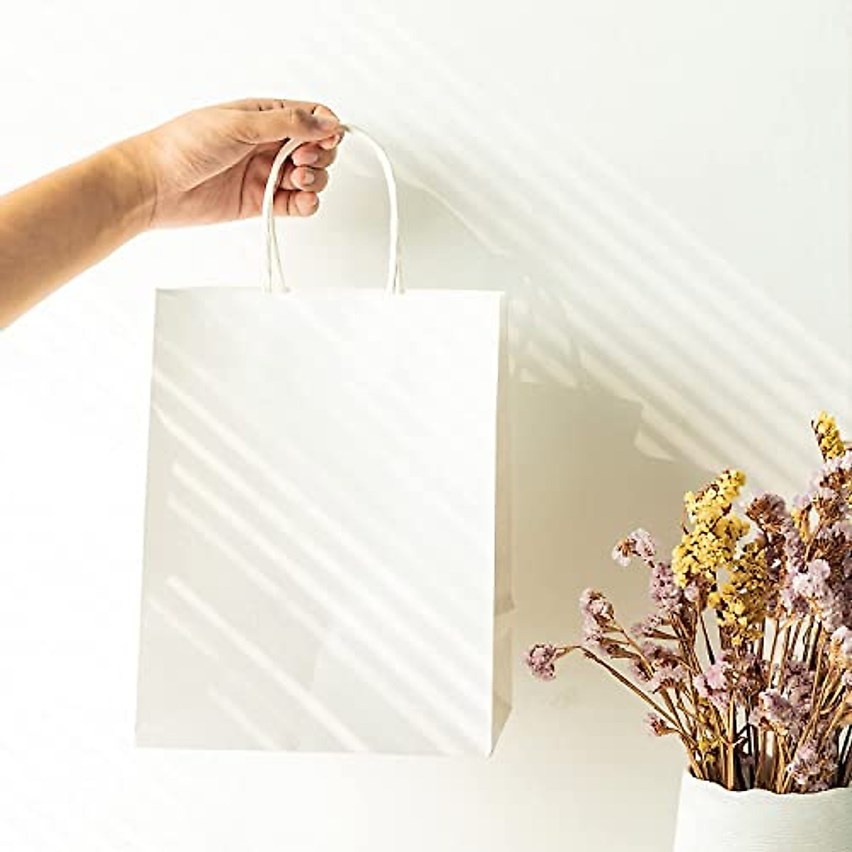 RACETOP White Paper Bags with Handles Bulk 8"x4.5"x10.8" 50Pcs Gift Bags Medium Size, White Gift Bags with Handles, Gift Bags Bulk, Retail Bags, Party Bags, Shopping Bags, Merchandise Bags