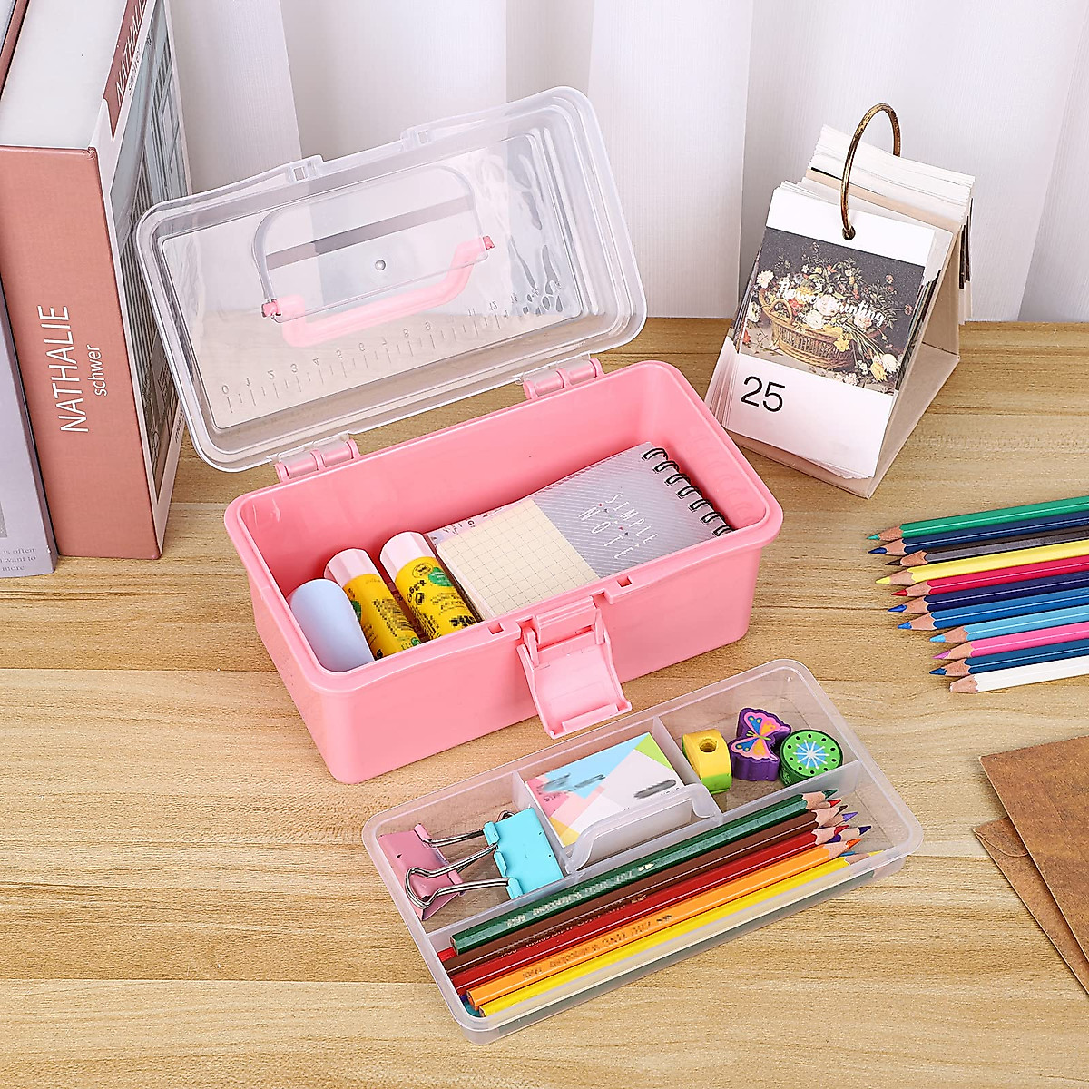 BTSKY Small Plastic Storage Box with Lid 7.9"x3.7"x4.1" Art Supply Storage Organizer with Handled Removable Tray Multi-use Small Storage Container Portable Sewing Box for Art & Sewing Supplies, Pink