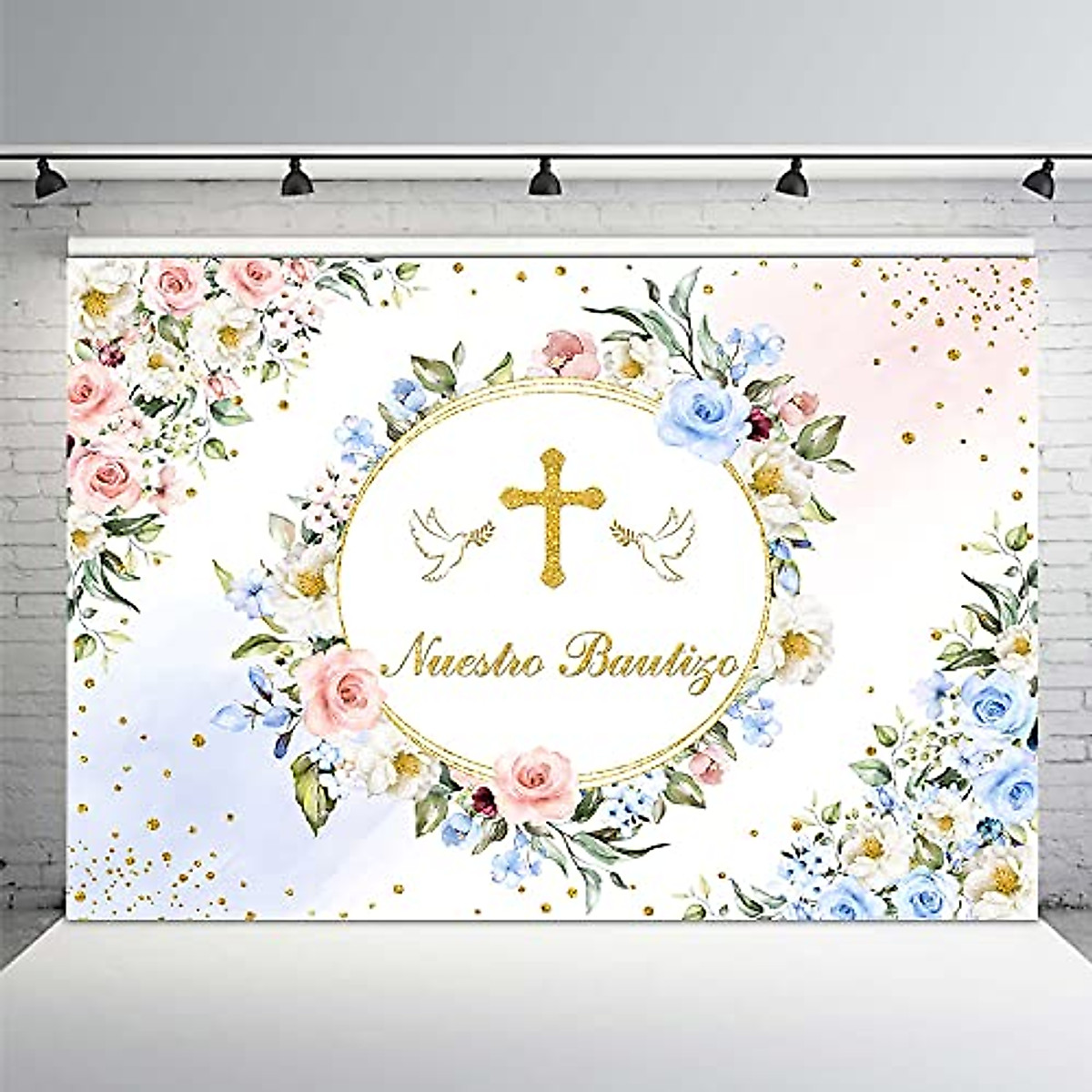 MEHOFOND 7x5ft Nuestro Bautizo Backdrop for Boys and Girls Pastel Pink Blue Floral Baptism First Holy Communion Photography Background Gold Cross Peace Doves Christening Photo Banner