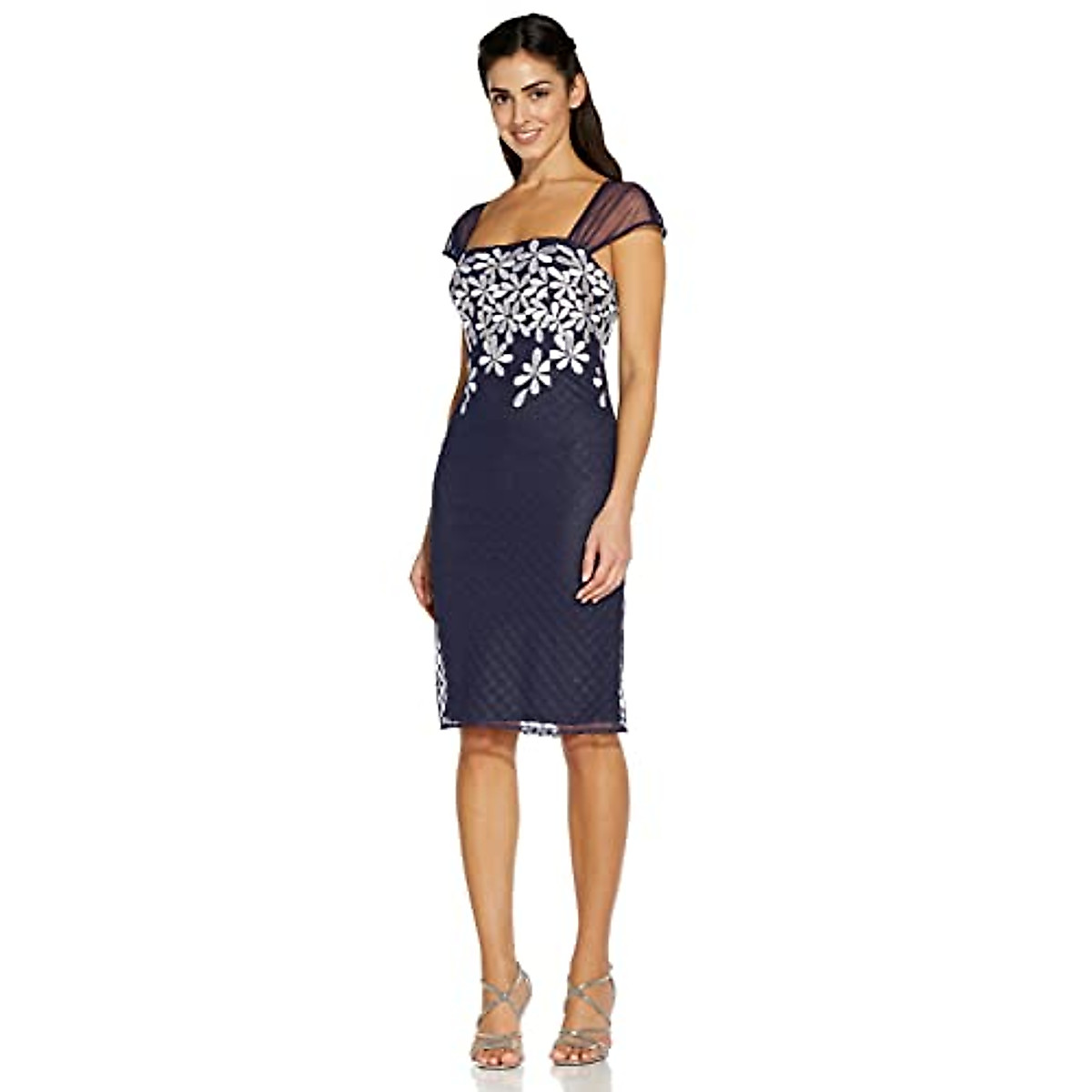 Adrianna Papell Women's Floral Embroidery Sheath Dress, Navy/Ivory, 10