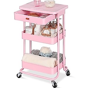 TOOLF Rolling Storage Cart with Drawer & Table Top, 3 Tier Metal Rolling Utility Cart, Rolling Cart Organizer for Teacher Craft Baby Nursery, Utility Cart for Kitchen Bathroom Bedside Office(Pink)