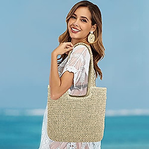Women Large Straw Beach Bag Handmade Woven Shoulder Bags Hobo Tote Handbag Purse for Summer (A Beige)