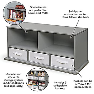 Stackable 5 Shelf Storage Organizing Cubby with 3 Fabric Baskets