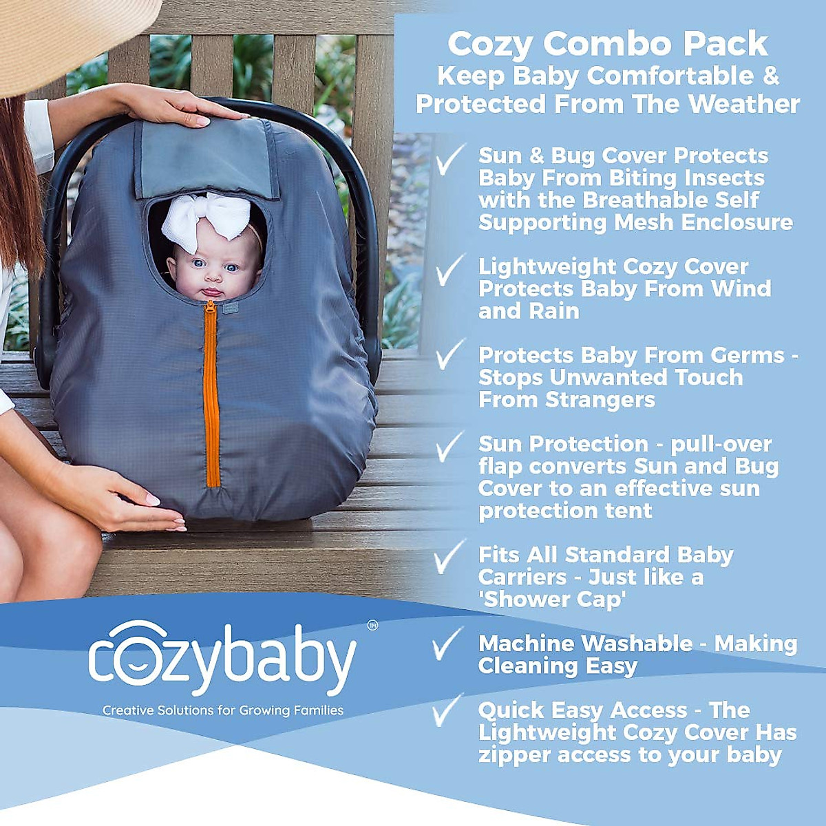CozyBaby Combo Pack with Mesh Breathable Sun and Bug Cover and Lightweight Spring, Glacier Gray