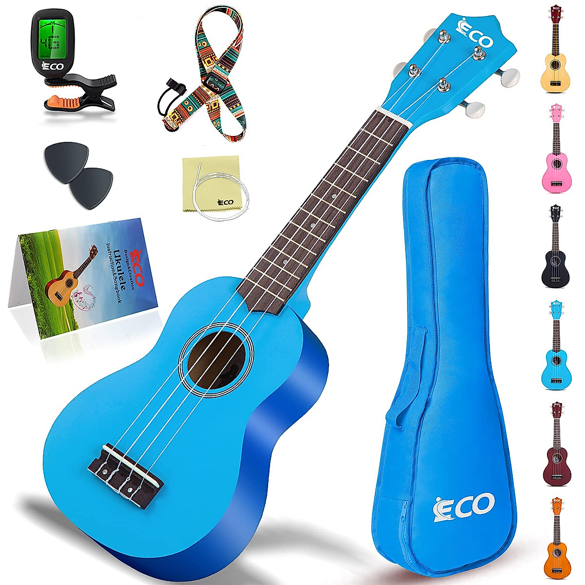 iECO Soprano Ukulele Beginner Kit for Kids Adults 21 Inch Ukelele w/Case Strap Tuner Strings Picks (Blue)