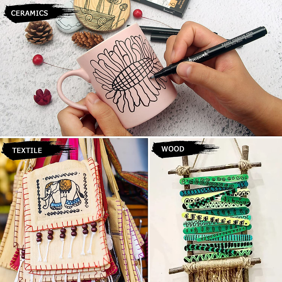 Black Acrylic Paint Pens - Black Paint Pens for Rock Painting, Stone, Ceramic, Glass, Wood, Fabric, Metal, Canvas. Set of 6 Water Based Black Markers for Acrylic Painting Extra Fine Point Tip