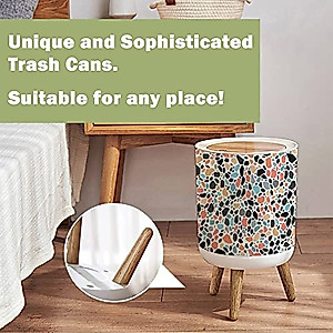 Small Trash Can with Lid Terrazzo floor seamless Mosaic stone pool texture Antique style cement Round Garbage Can Press Cover Wastebasket Wood Waste Bin for Bathroom Kitchen Office 7L/1.8 Gallon