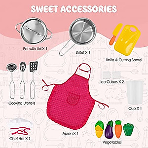 Costzon Kids Corner Kitchen Playset, Wooden Pretend Play Kitchen Toy Set w/Realistic Light & Sound, Washing Machine, Microwave, Oven, Stove, Ice Cube Dispenser, Utensils, Sink, Apron, Chef Hat-Pink