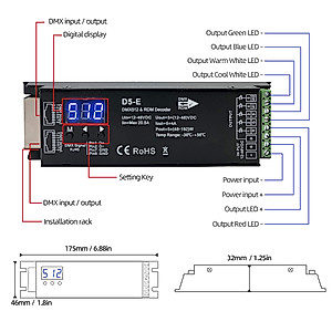 5 Channel DMX Decoder with RDM Digital Display,DMX512 Dimmer Driver PWM RGBCCT LED Controller for RGBWW RGBW or 5group White lightstrips LED Module Light Input 12V-48VDC